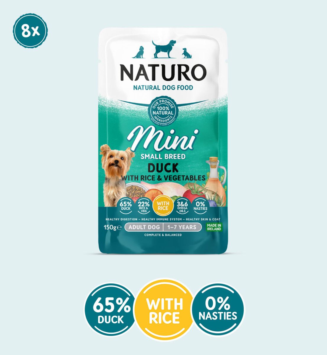 Naturo Adult Mini Dog Duck with Rice & Veg Pouches 150g x 8